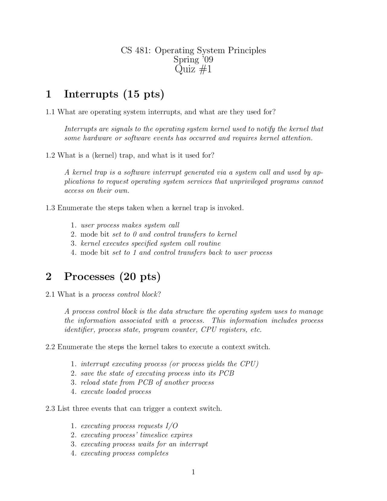 Quiz 1 Study Questions - Computer Operating Systems | CS 481 - Docsity