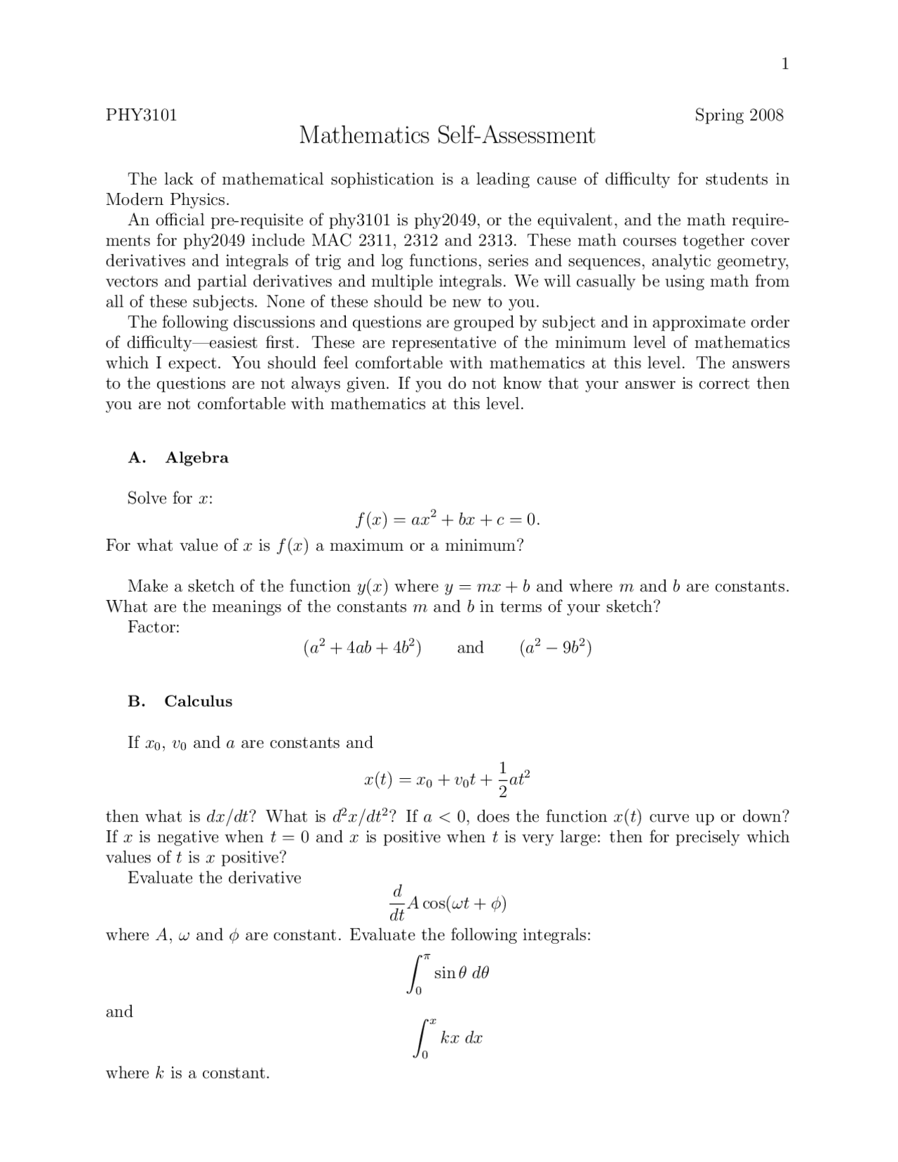 Mathematics Self-Assessment - Spring 2008 | PHY 3101 - Docsity