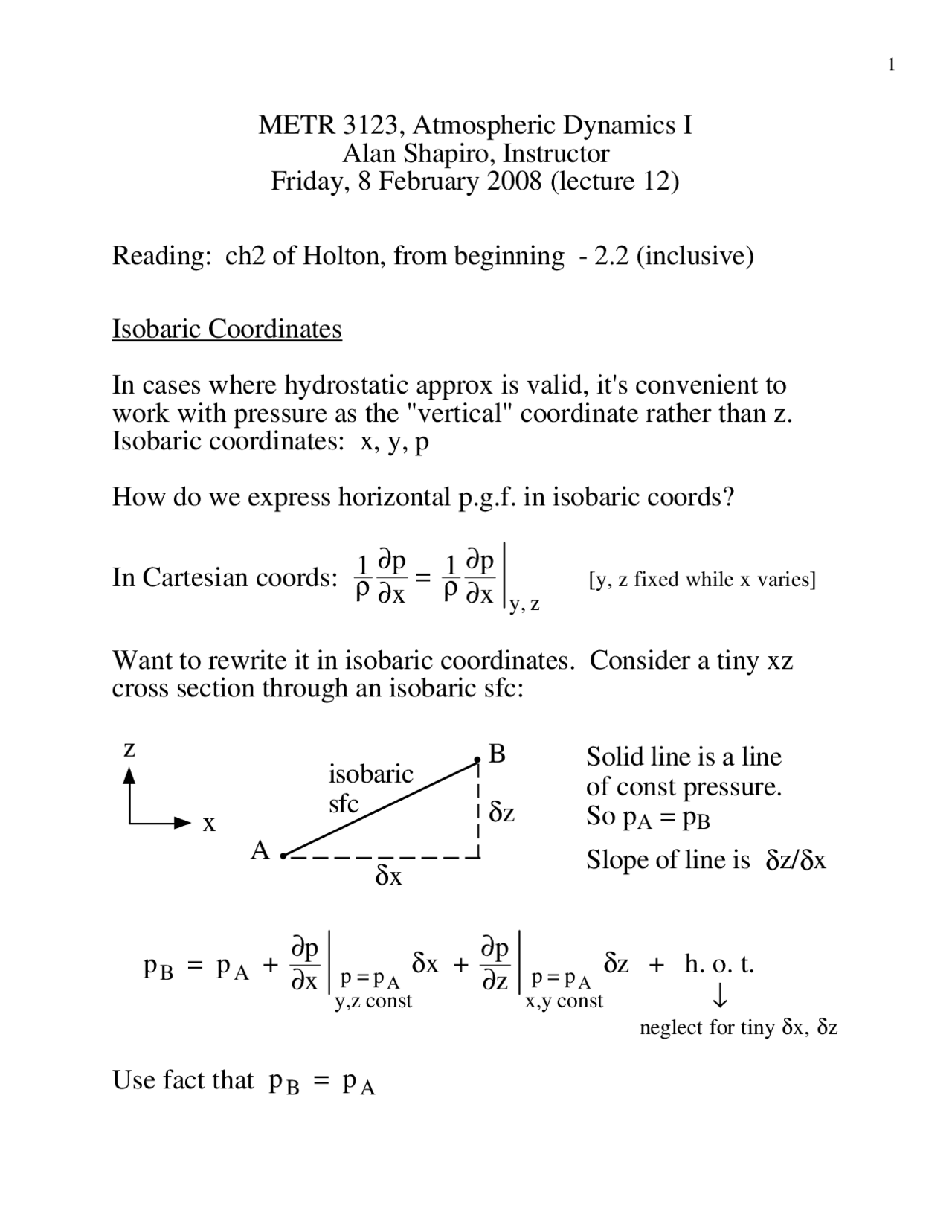 Notes On Isobaric Coordinates Atmospheric Dynamics I Metr 3123
