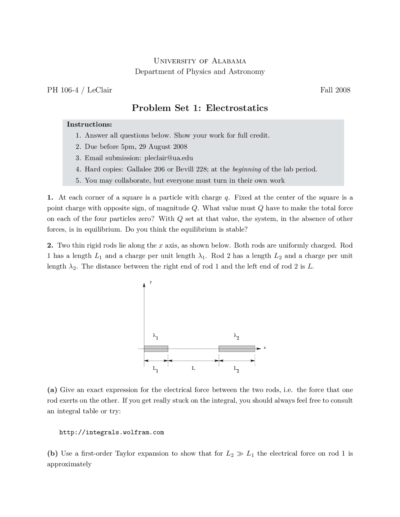 Electrostatics Problem Set 1 General Physics With Calculus Ii Ph