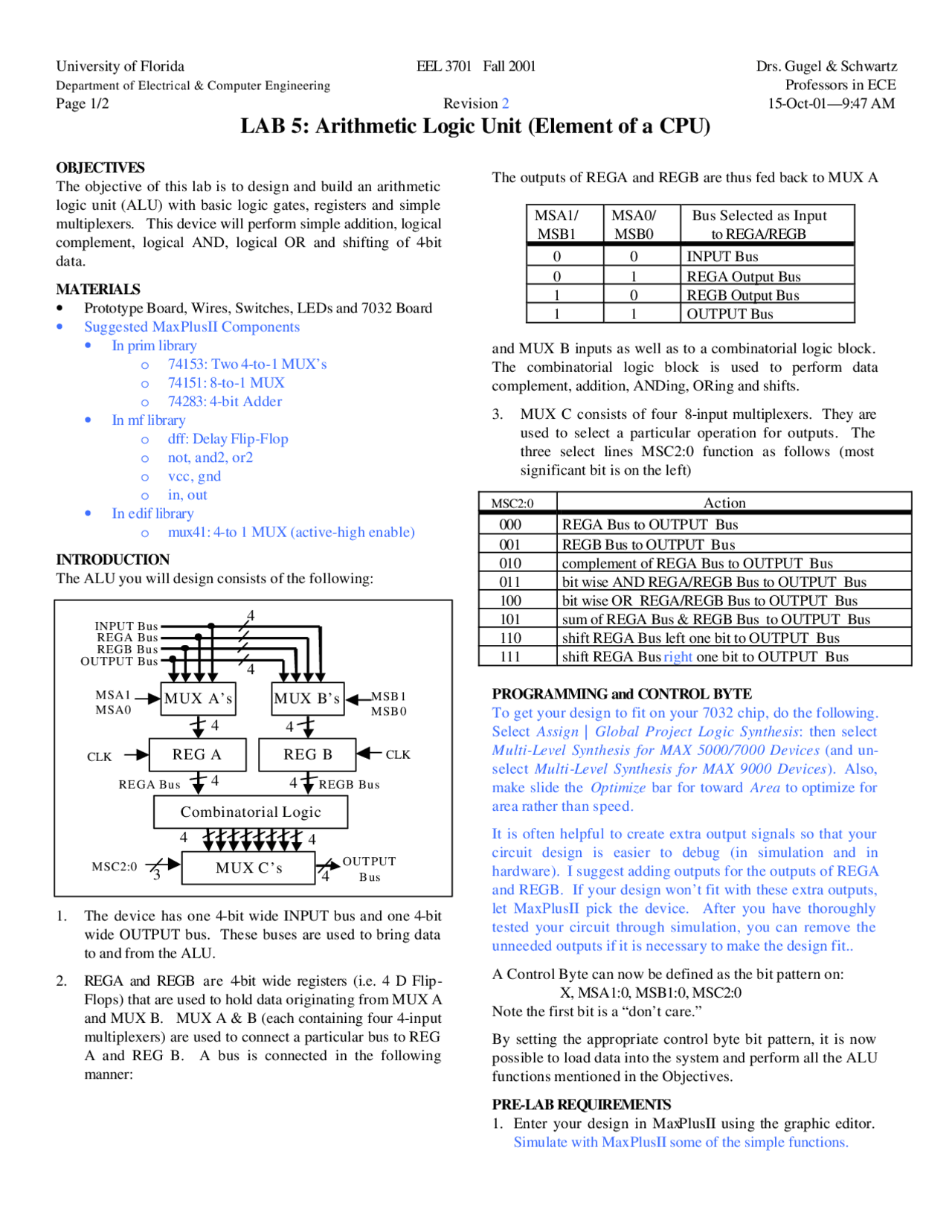 Arithmetic Logic Unit Element Of A Cpu Lab 5 Eel 3701 Docsity