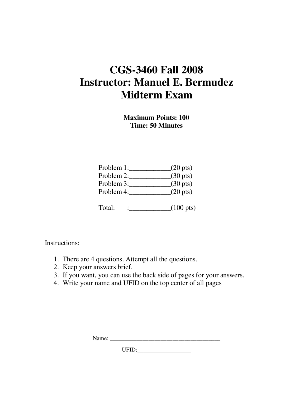 C Midterm Exam Fall 2008 - Problem Solutions - Prof. Manuel E. Bermudez | Exams Computer Science ...
