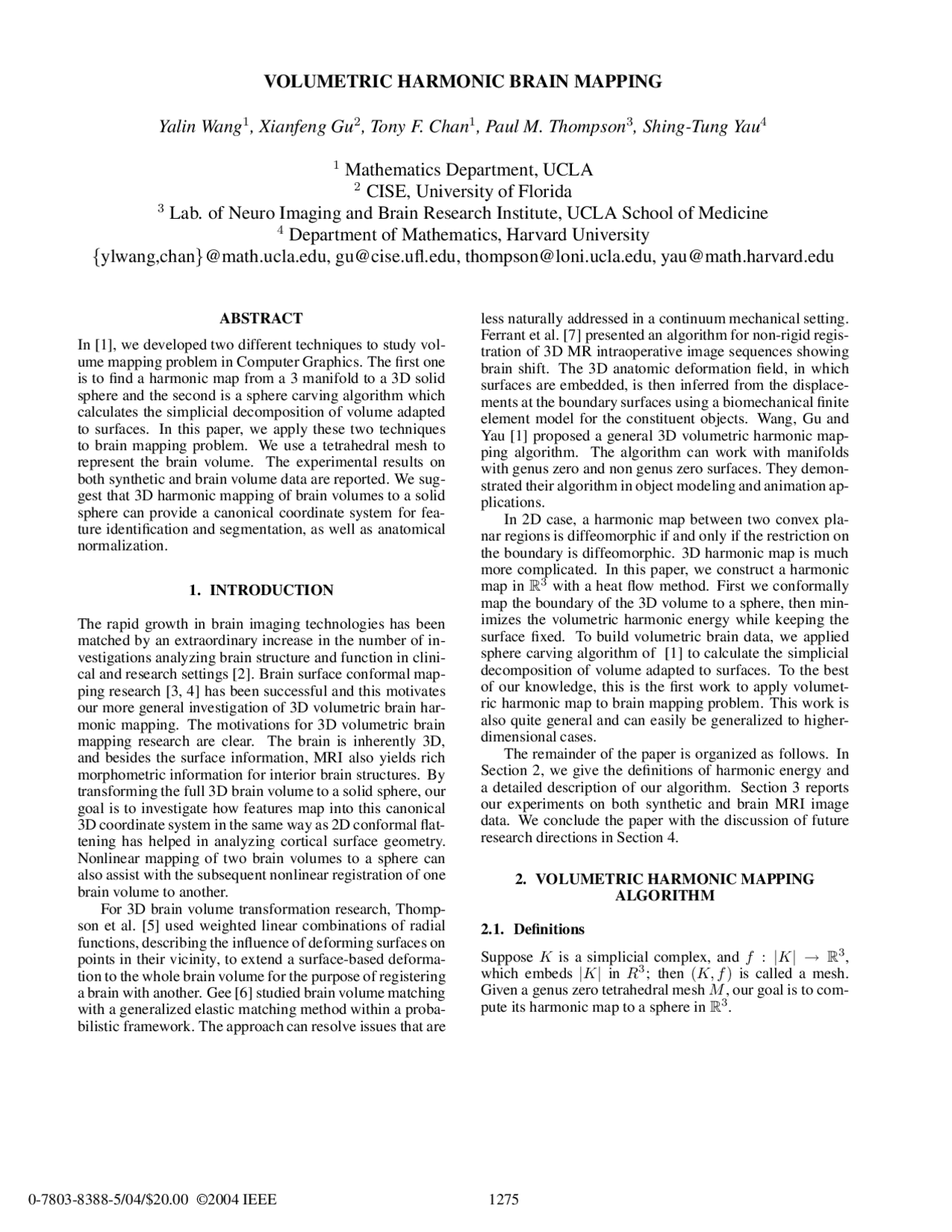 Volumetric Harmonic Brain Mapping - Cryptography | MATH 0209A - Docsity