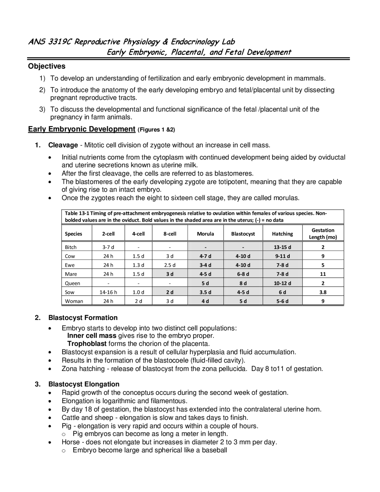 Early Embryonic, Placental and Fetal Development - Lab | ANS 3319 - Docsity