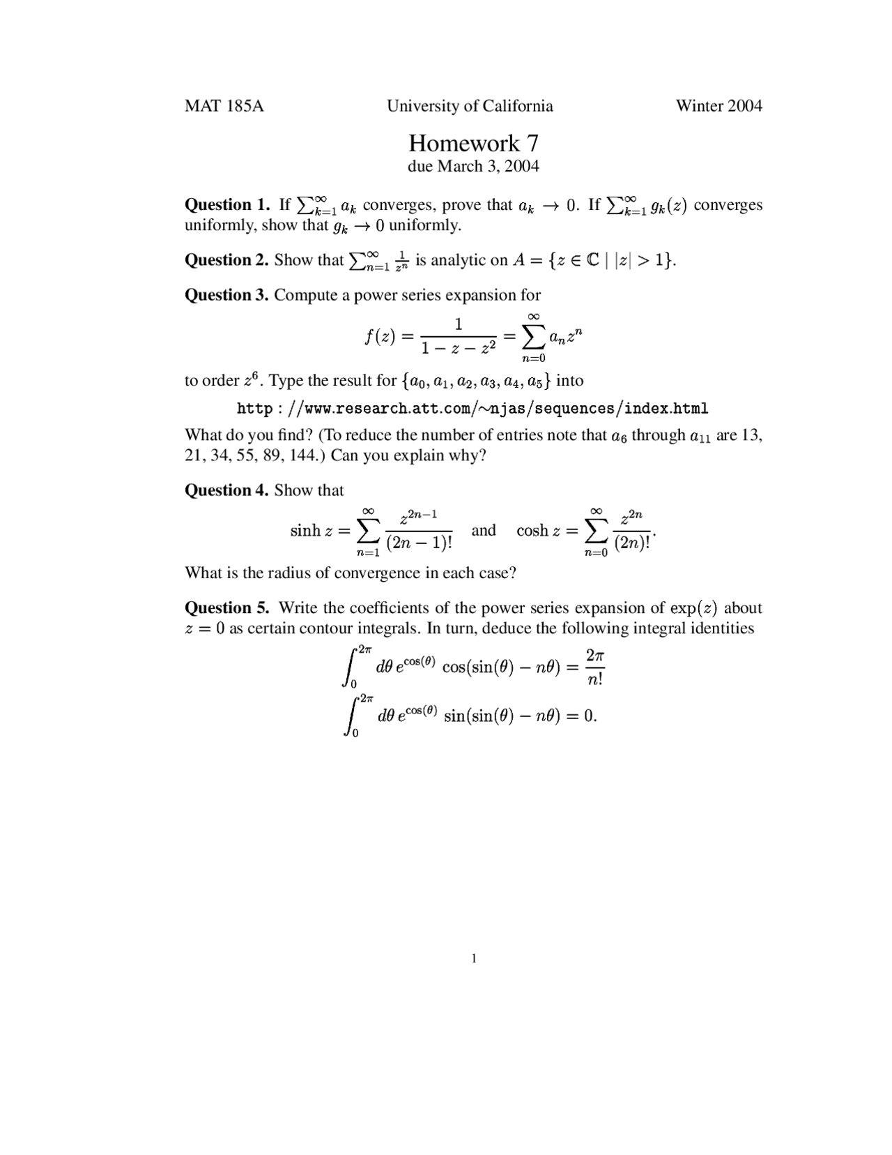 5 Questions For Complex Variables Homework 7 Mat 185a Docsity