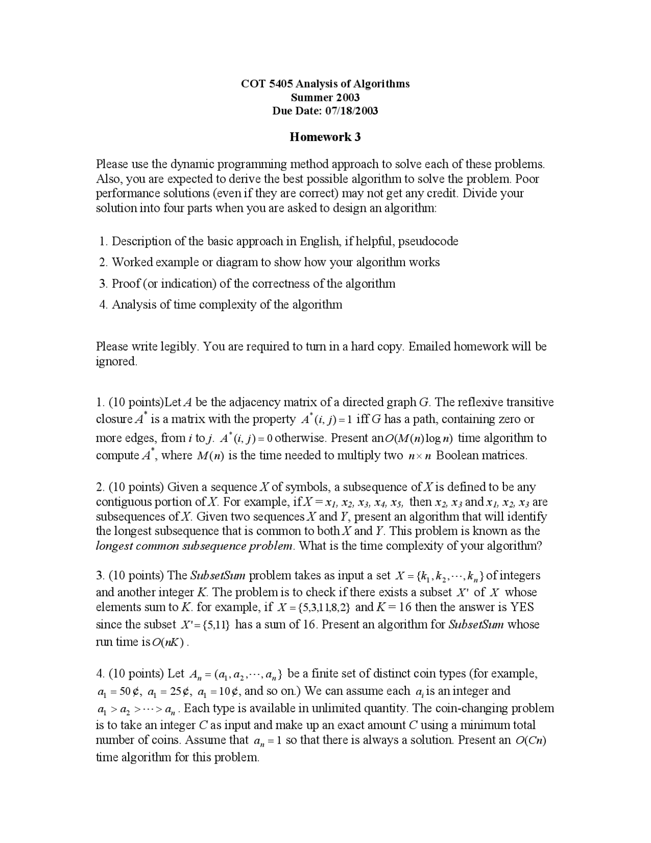 Questions On Analysis Of Algorithms Homework 3 Cot 5405 Docsity