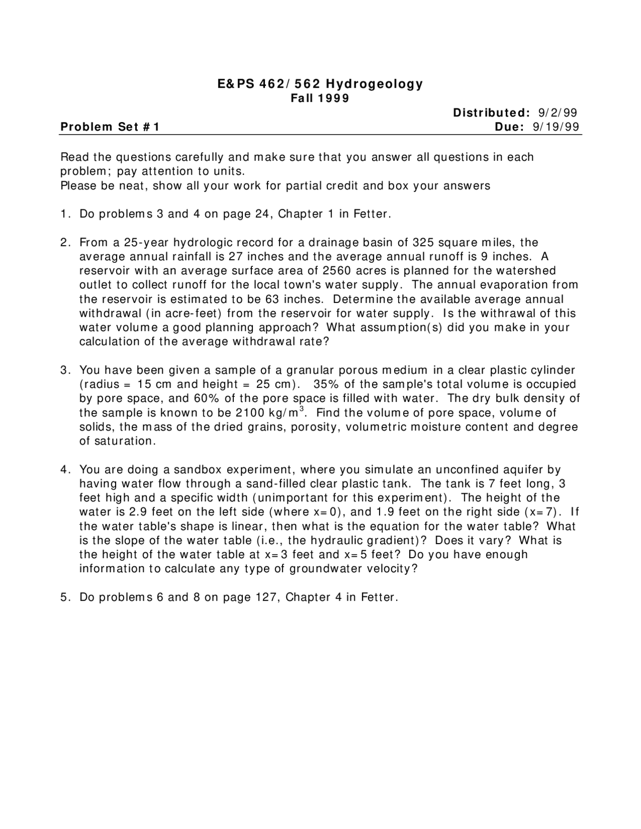 Assignment 1 Practice Hydrogeology Eps 462 Docsity
