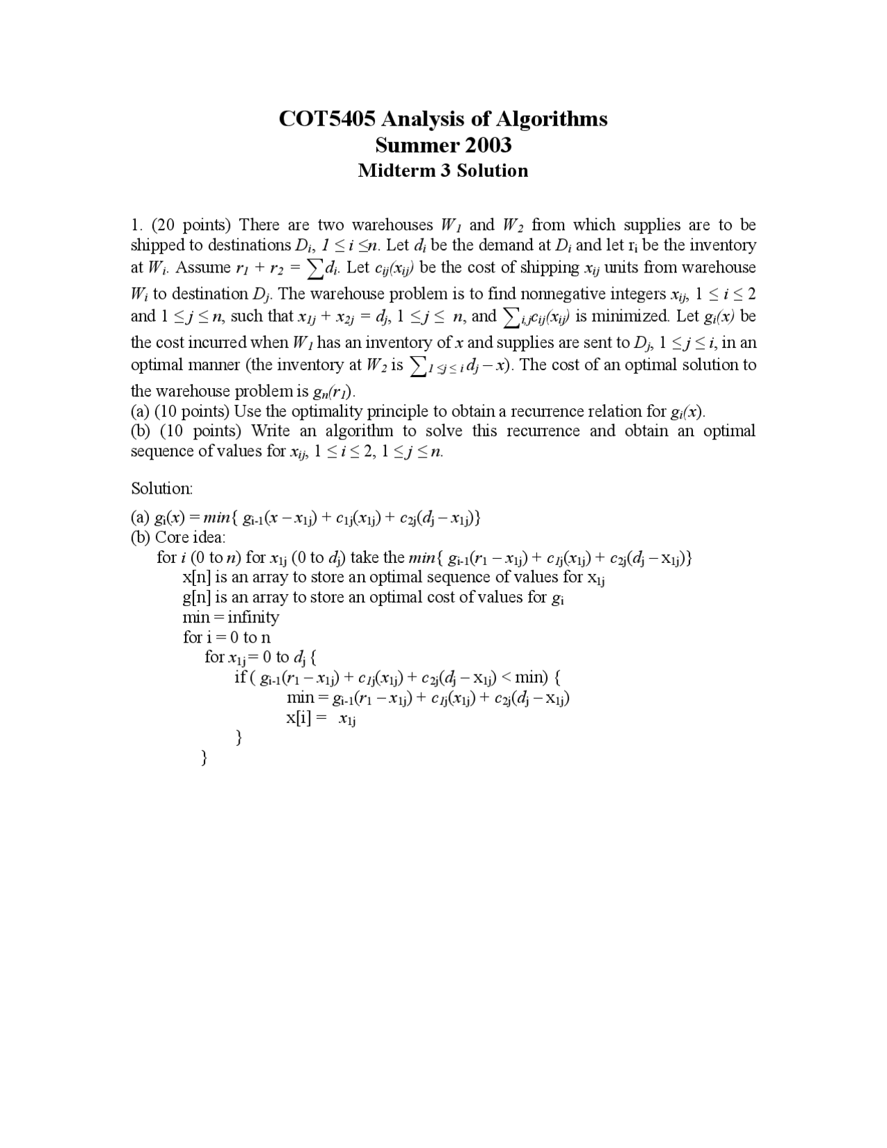 Midterm 3 With Solution For Analysis Of Algorithms Cot 5405 Docsity