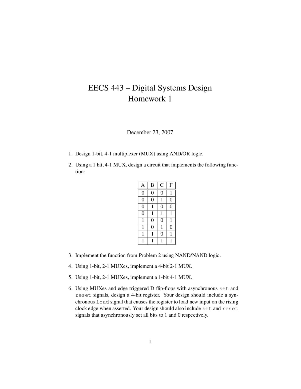 Homework One For Digital Systems Design Eecs 443 Docsity