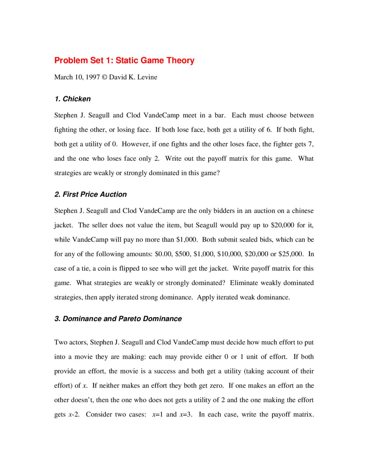 Problem Set 1 Static Game Theory Microeconomic Theory Econ 101