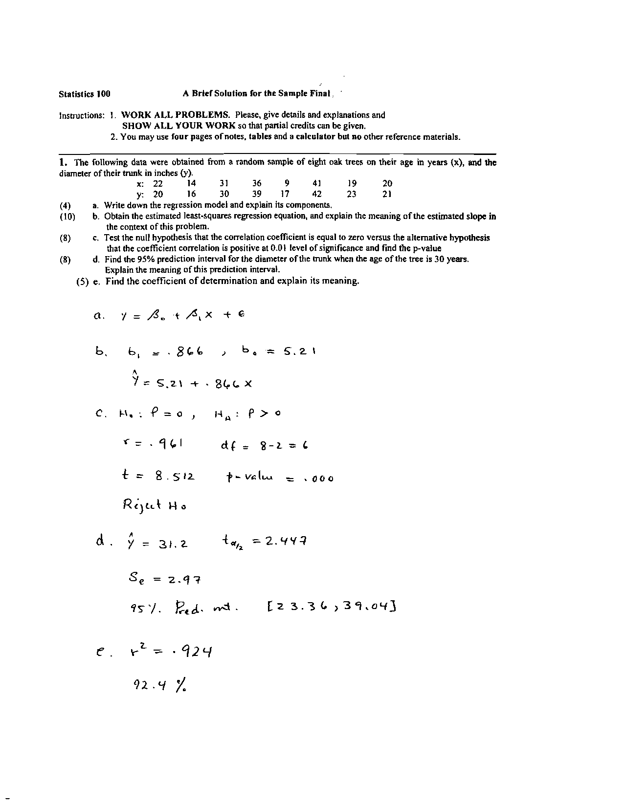 A Brief Solution For Sample Final Exam Applied Statistics For Biology