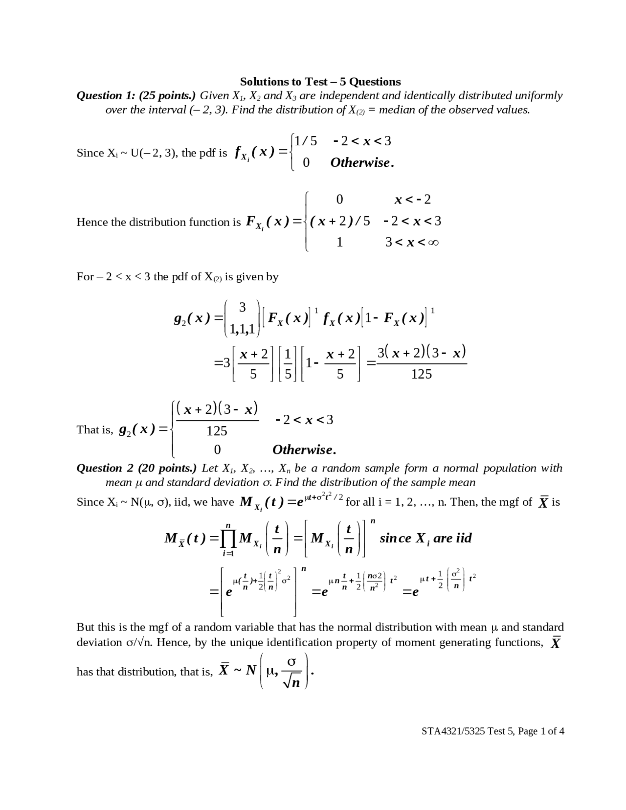Solutions to Test 5 | Introduction to Probability | STA 4321 - Docsity