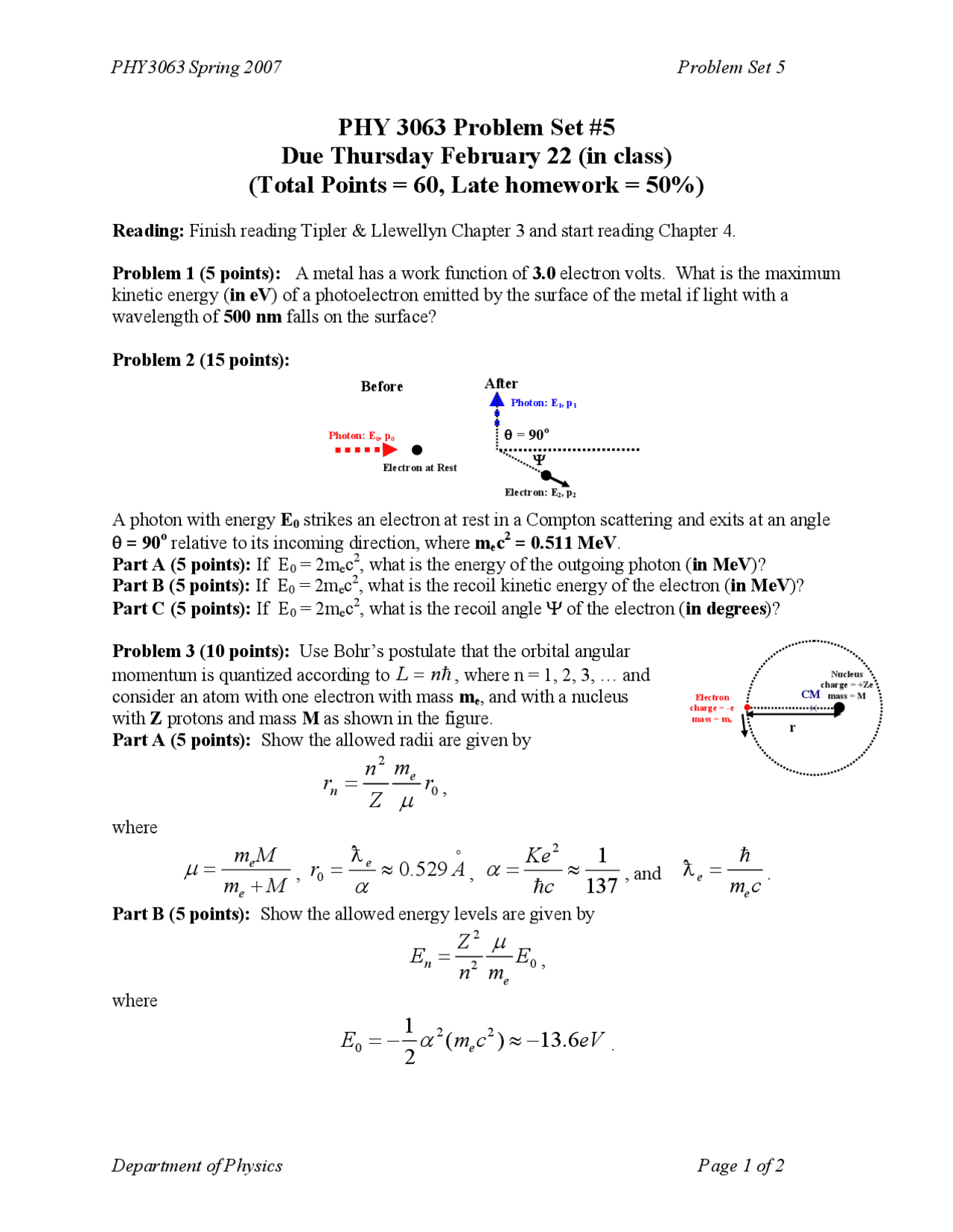 Problem Set 5 Enriched Modern Physics Phy 3063 Docsity
