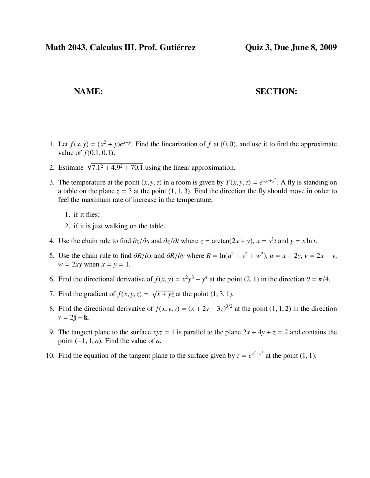 Find The Linearization Calculus Iii Quiz Math 2043 Docsity