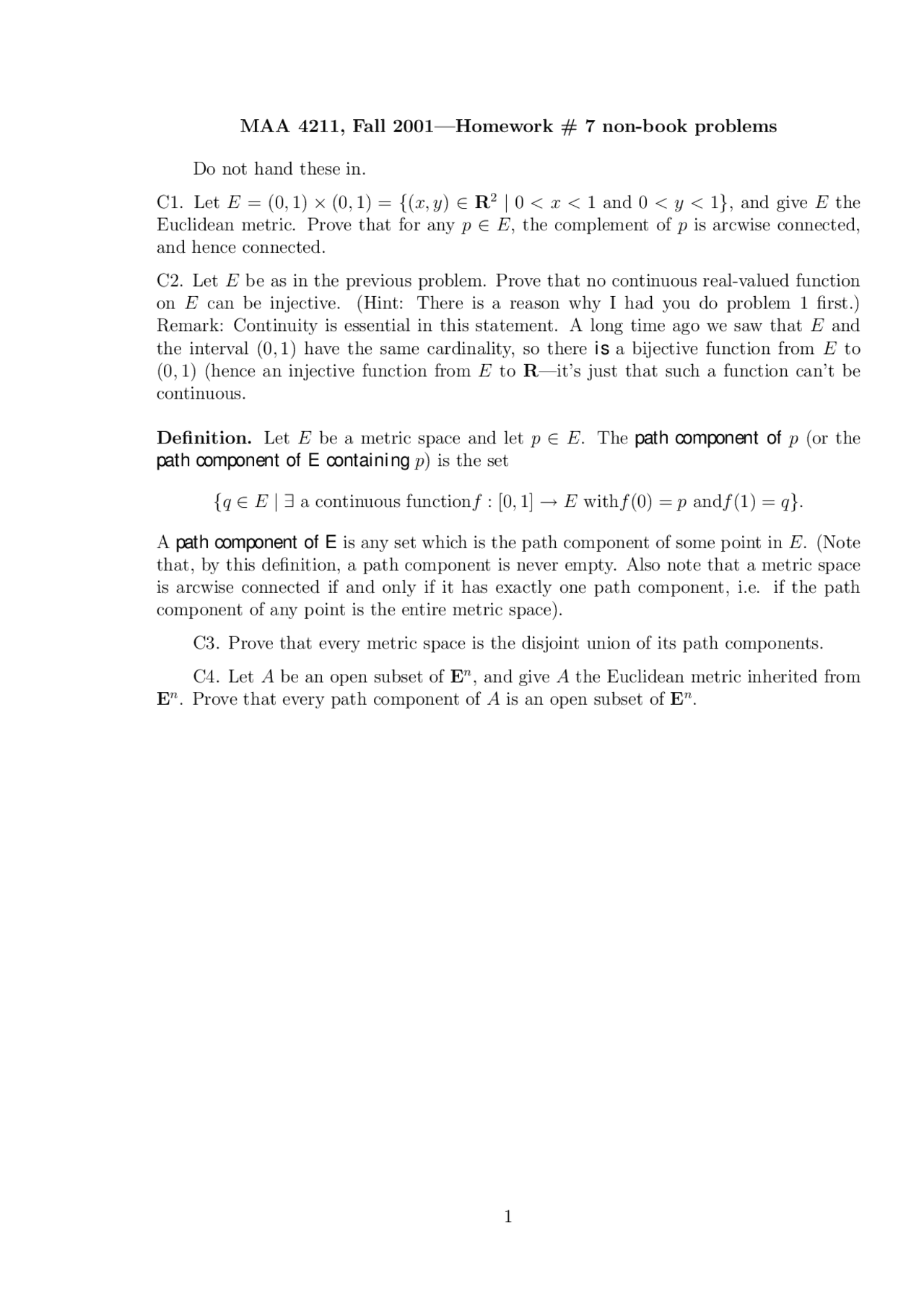 Problems on Continuous Real Valued Functions - Assignment 7 | MAA 4211 - Docsity
