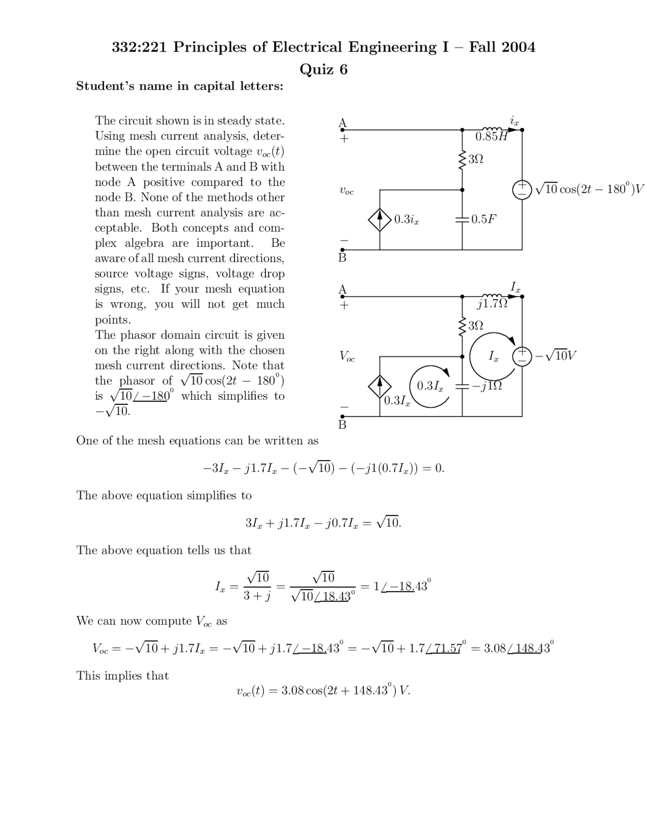 Principles of Electrical Engineering I - Quiz 6 | 332 221 - Docsity