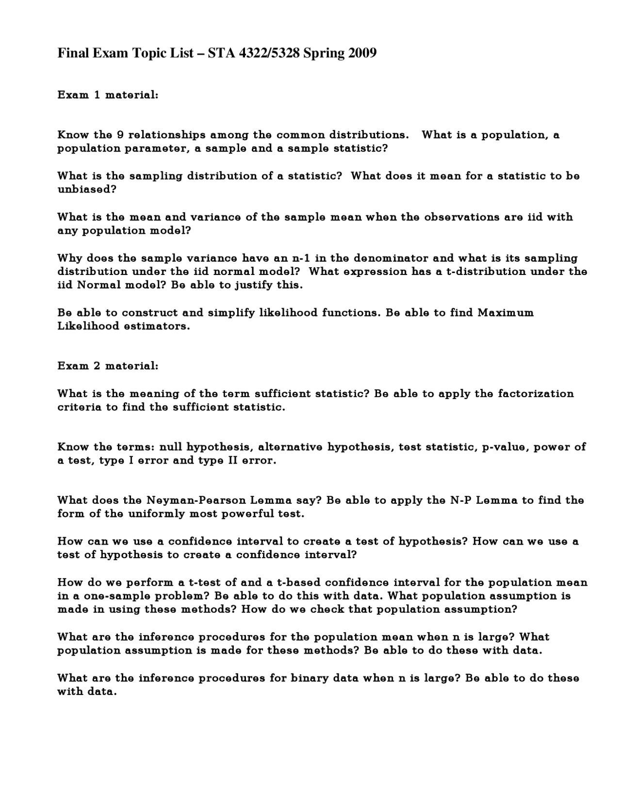 Questions For Final Exam Introduction To Statistics Theory Sta 4322 Exams Statistics Docsity
