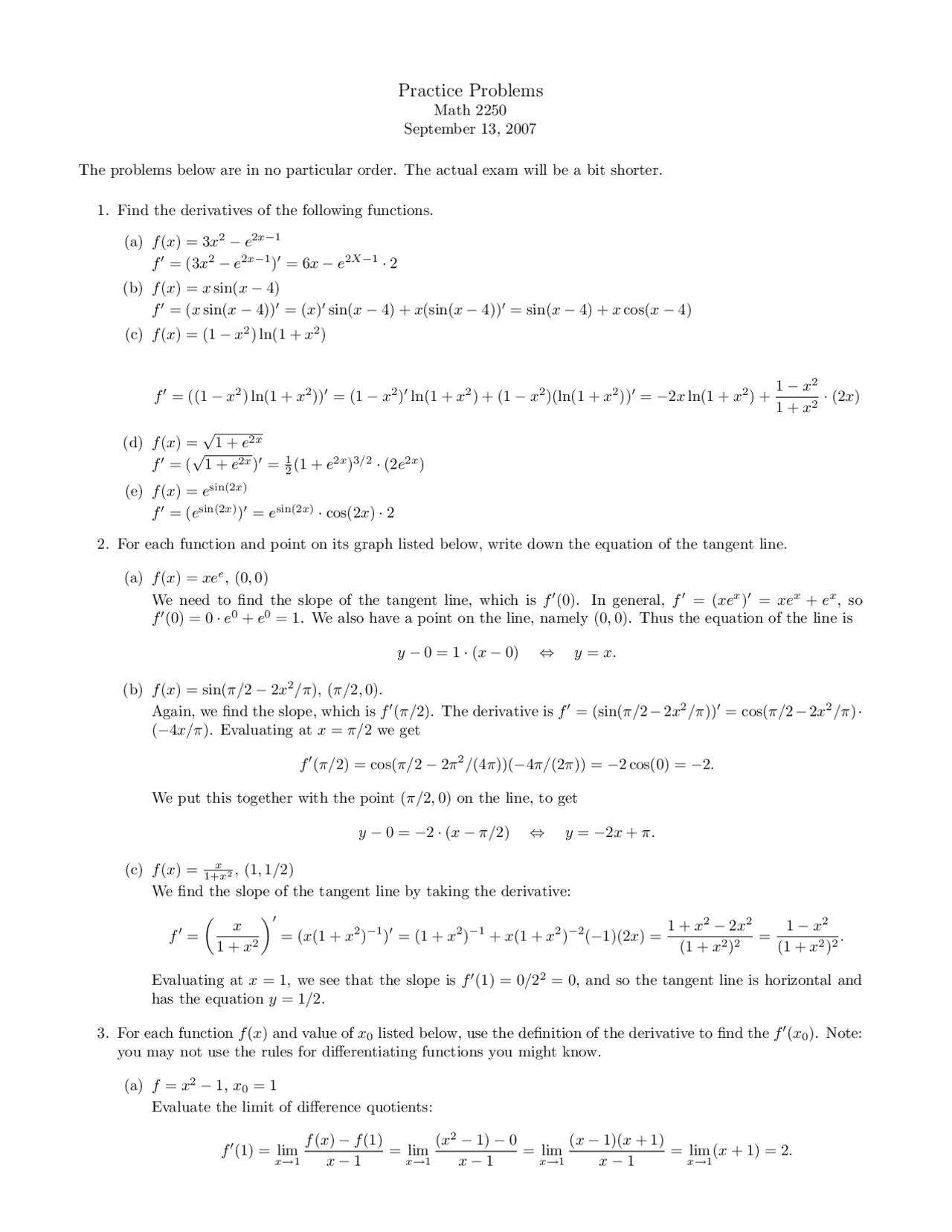 Practice Problems for Exam | Calculus I for Science and Engineering | MATH 2250 - Docsity