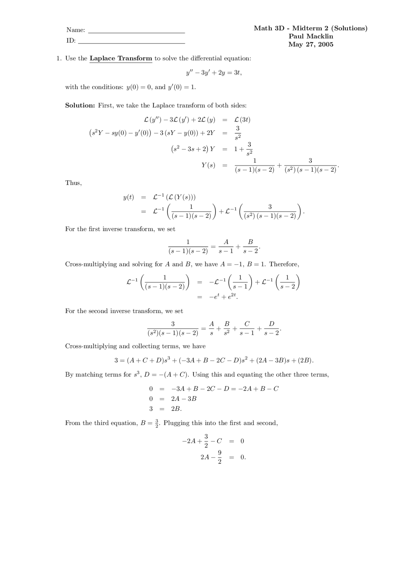 Midterm Exam 2 With Solutions Elementary Differential Equations