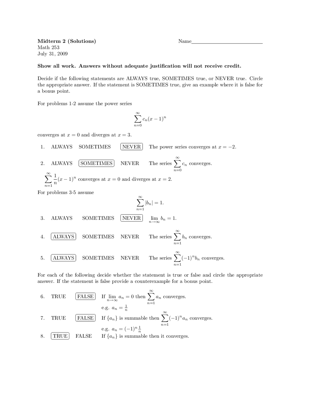 Midterm 2 Questions with Solution - Calculus III | MATH 253 - Docsity