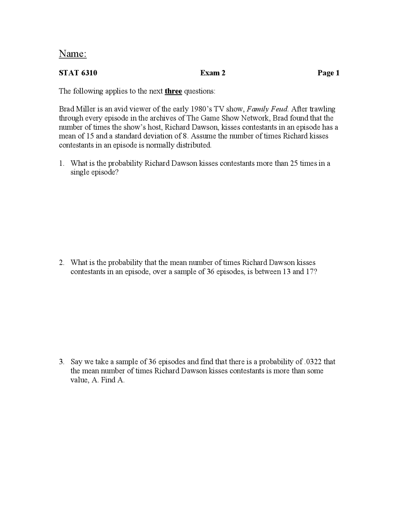 Exam 2 Questions Statistics Analysis I Stat 6310 Docsity