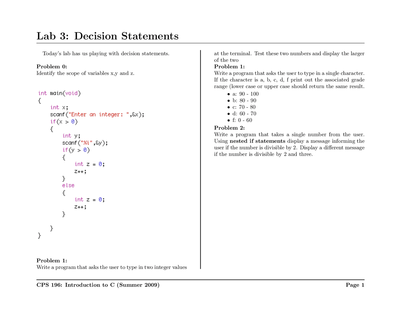Introduction To Computer Programming Lab 3 For Decision Statements Cps 196 Docsity 