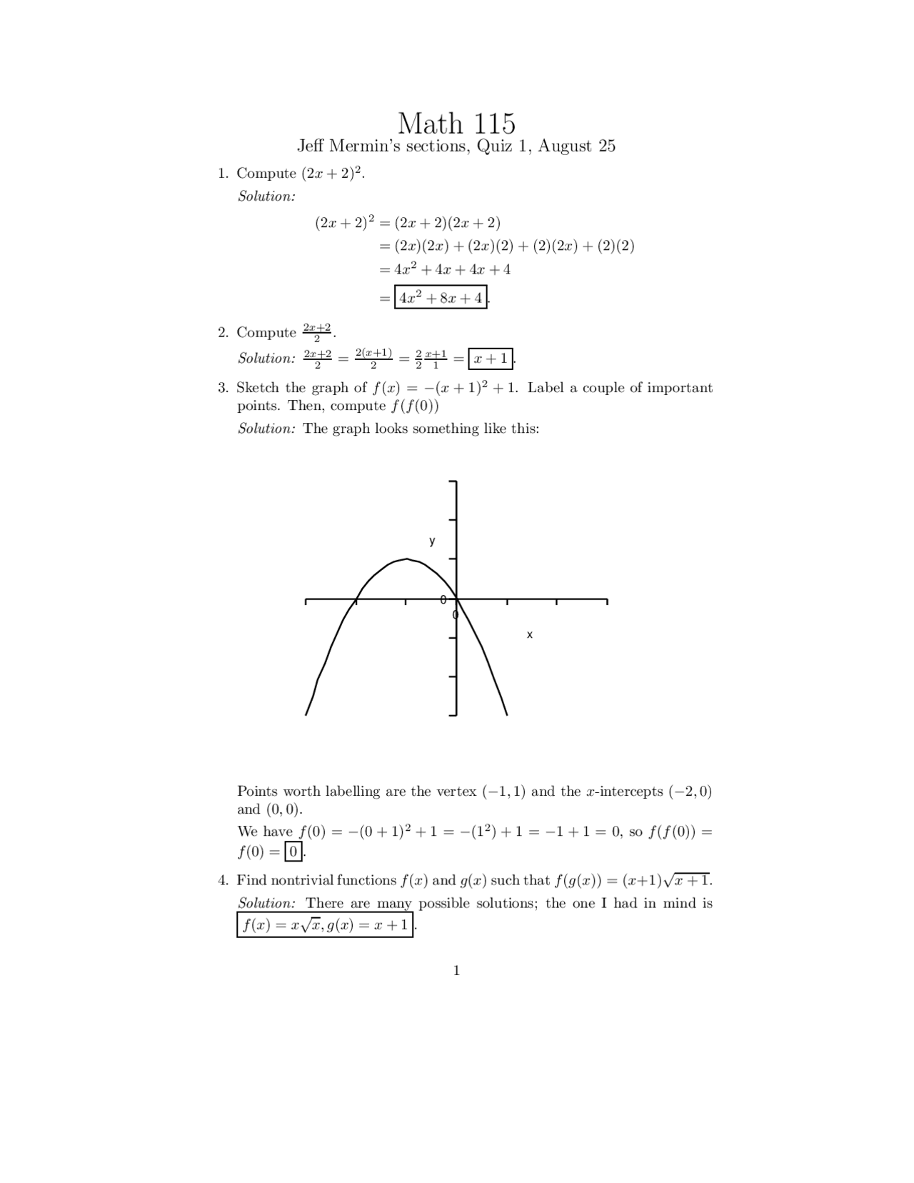 10 Problems on Calculus I - Quiz 1 | MATH 115 - Docsity