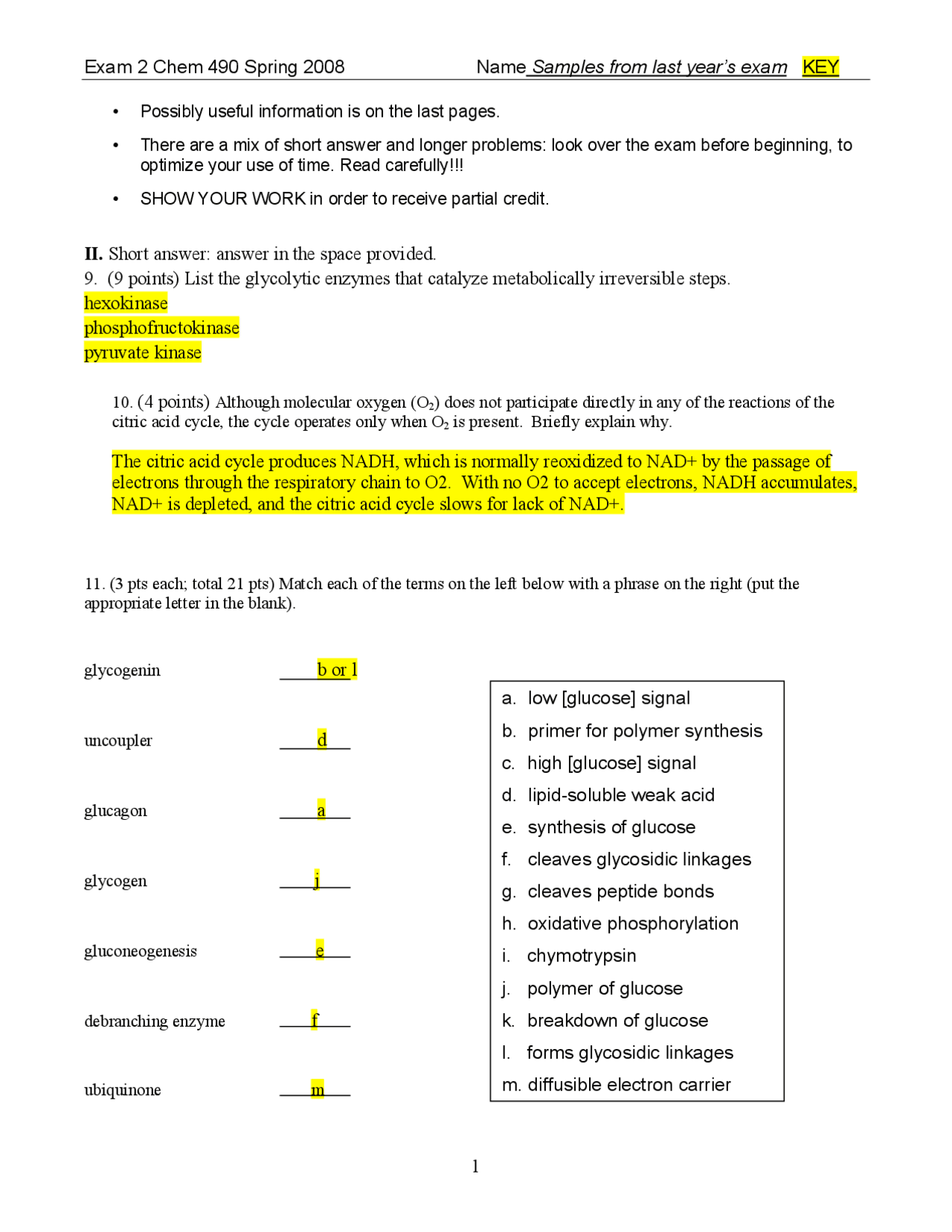 Exam 2 With Answer Key Biochemistry For Chemists Chem 490 Docsity