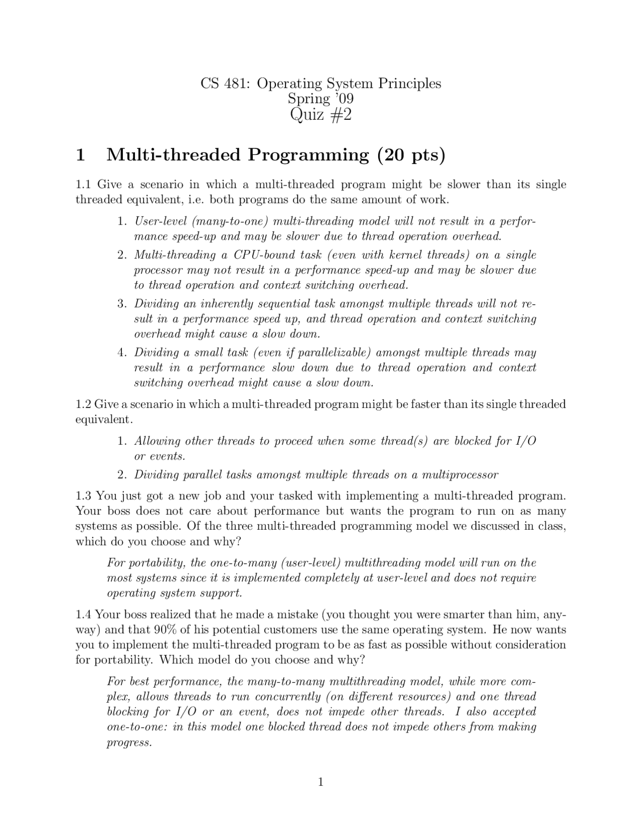 Multi Threaded Programming Cpu Scheduling Quiz 2 Cs 481 Docsity