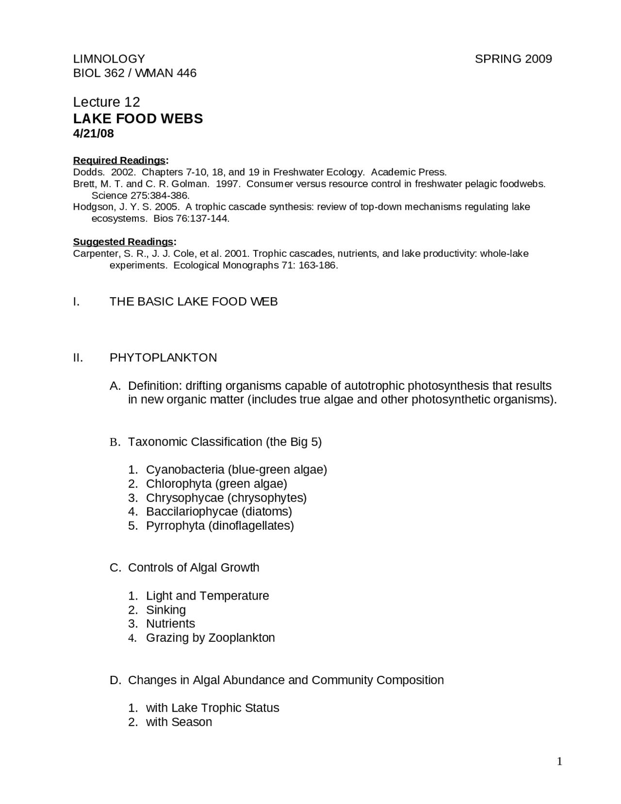 Lake Food Web Limnology Lecture Notes Biol 362 Docsity