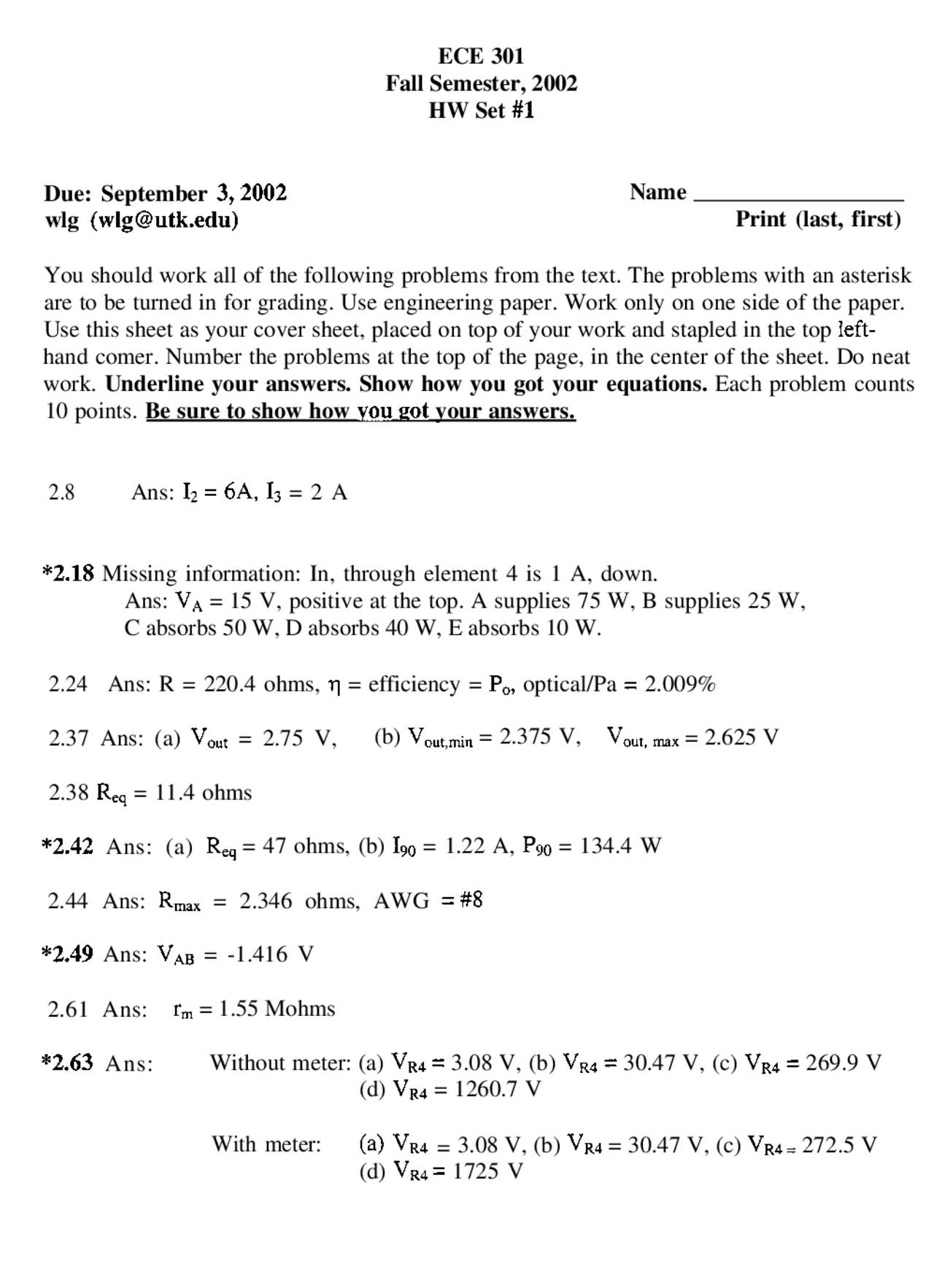 Homework Set 1 for Circuits and Electro Mechanical Components | ECE 301 ...
