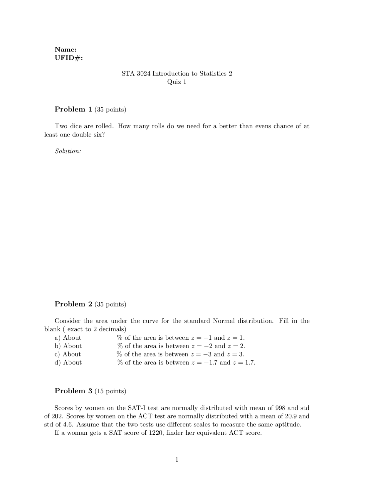 Introduction To Statistics 2 Quiz 2 Sta 3024 Docsity