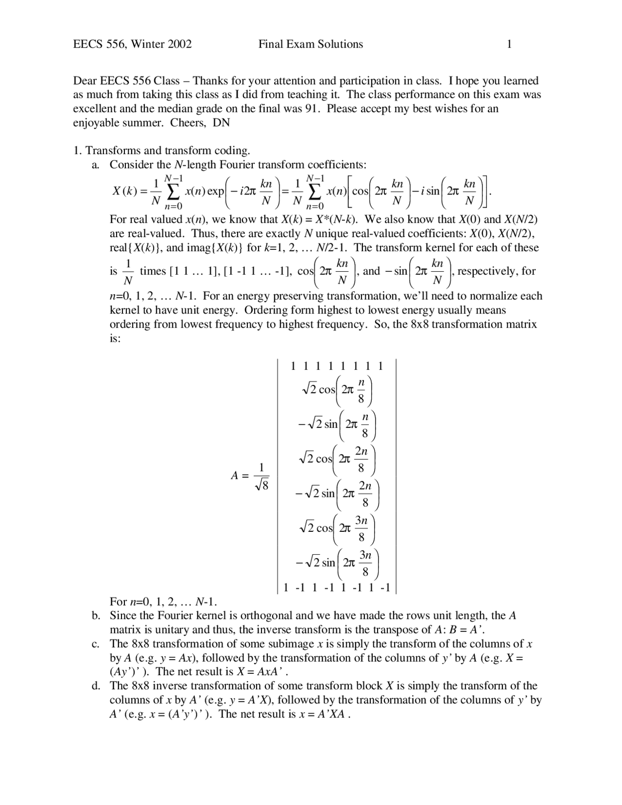 Final Exam Solutions - Image Processing | EECS 556 | Exámenes Ingeniería Eléctrica y Electrónica ...