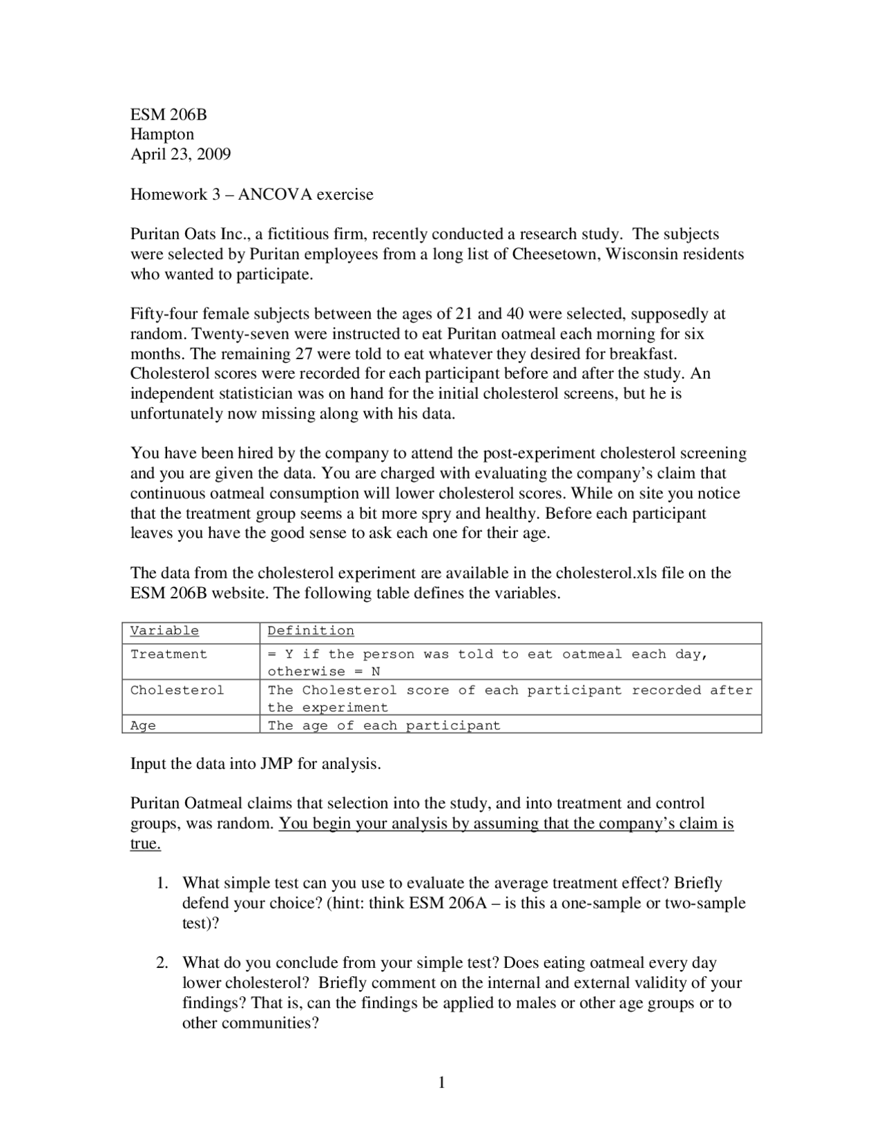 Assignment 3 For Ancova Exercise Data Analysis Experience Sampling