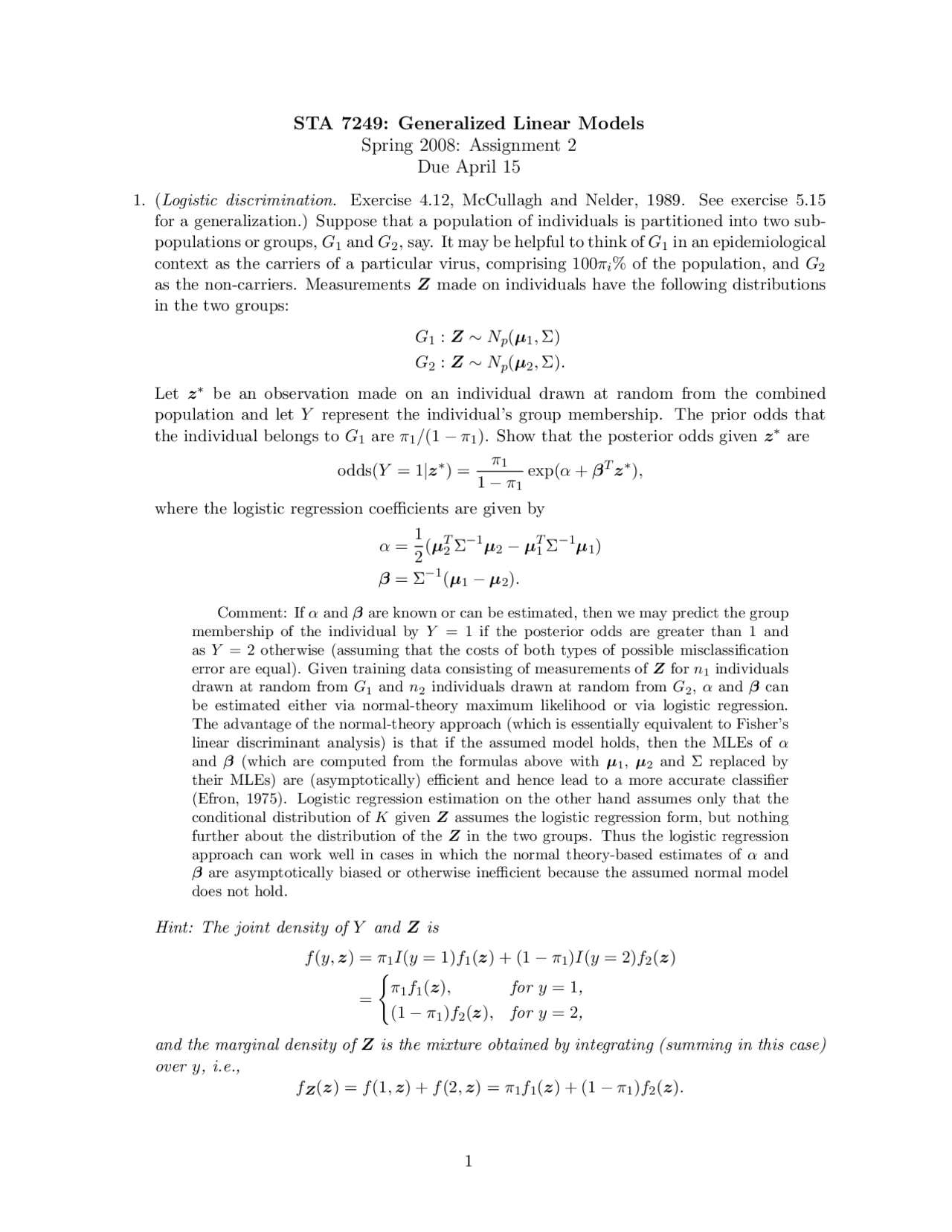 5 Questions on Generalized Linear Models with Solution | STA 7249 - Docsity
