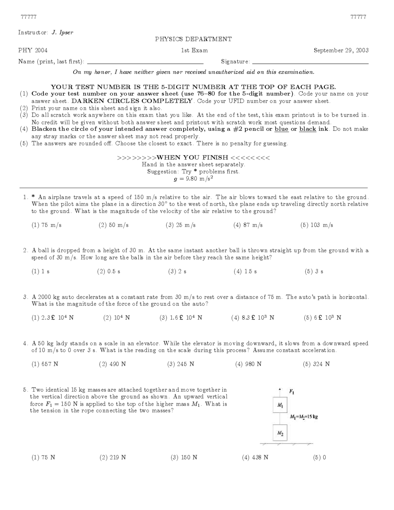 Examination 1 - Applied Physics I | PHY 2004 - Docsity