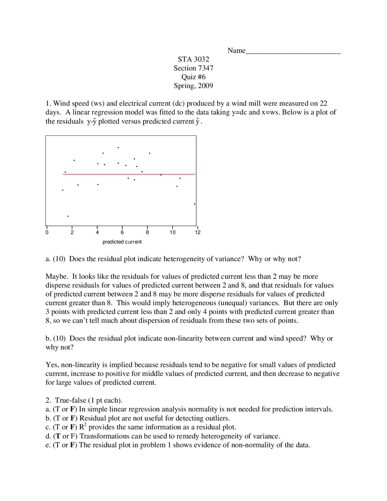 Solutions For Quiz Six Engineering Statistics Sta 3032 Docsity