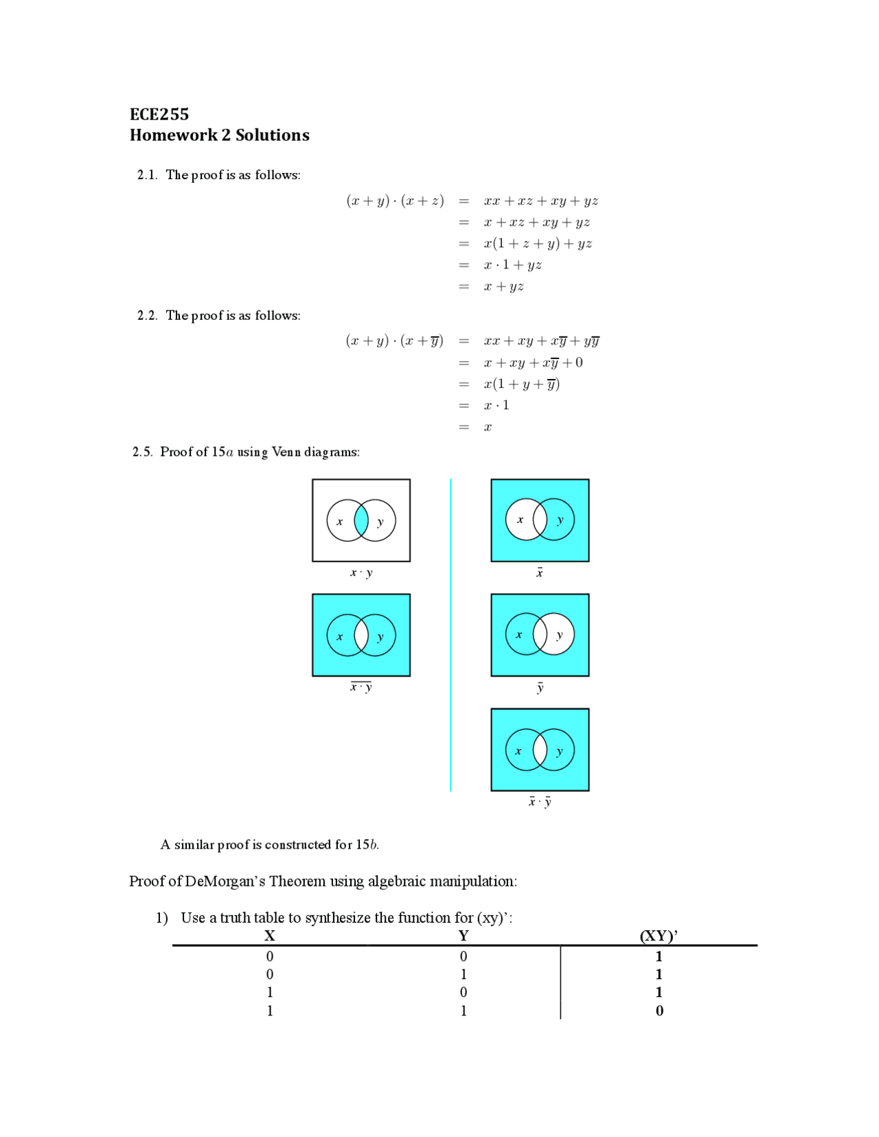 Homework 2 Solutions Introduction To Logic Design Digital System Ece 255 Docsity