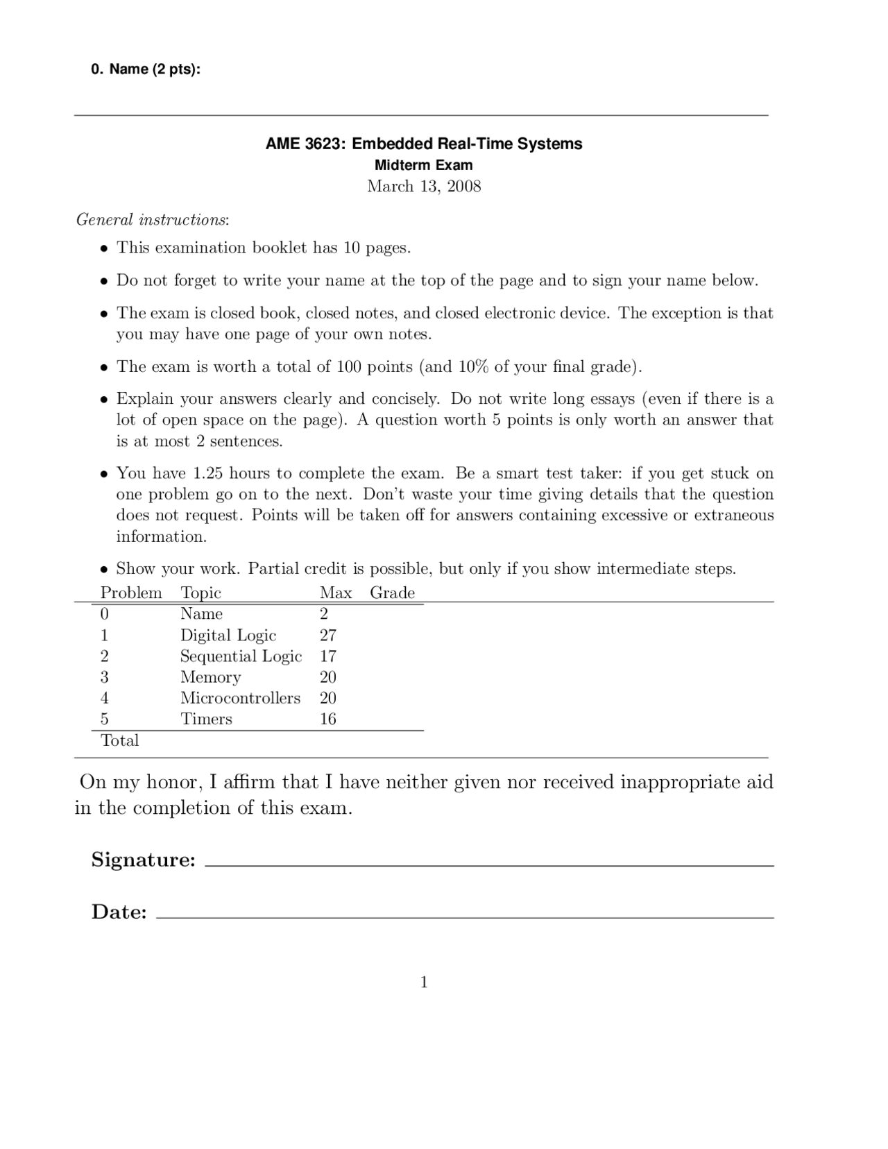 AME 3623 Midterm Exam: Embedded Real-Time Systems - Prof. Andrew Fagg | Exams Aerospace ...