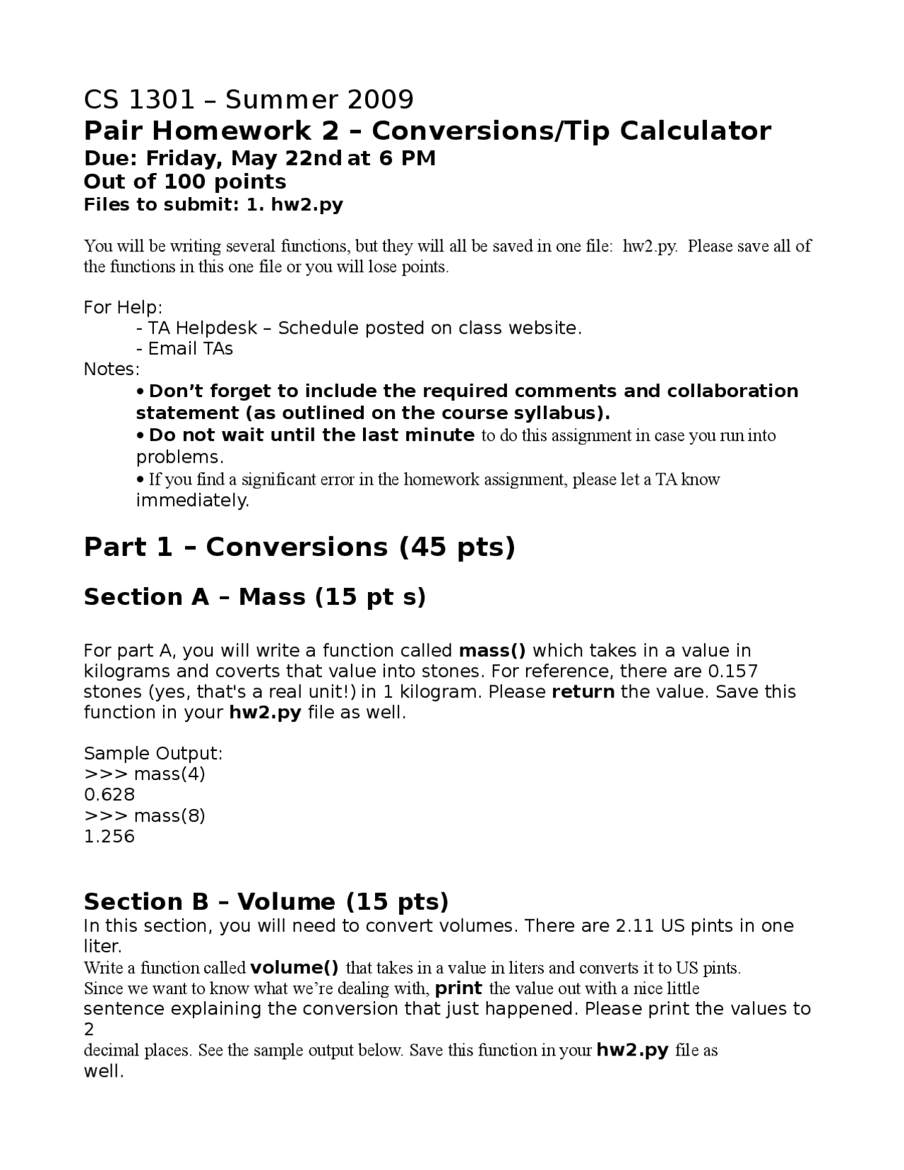 Pair Conversions Of Mass And Volumes Homework 2 Cs 1301 Docsity