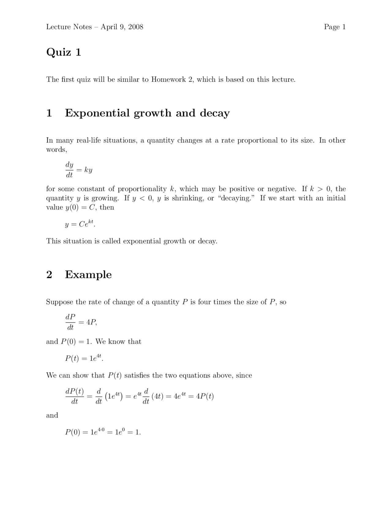 Exponential Growth and Decay with Examples - Quiz 1 | MAT 016B - Docsity