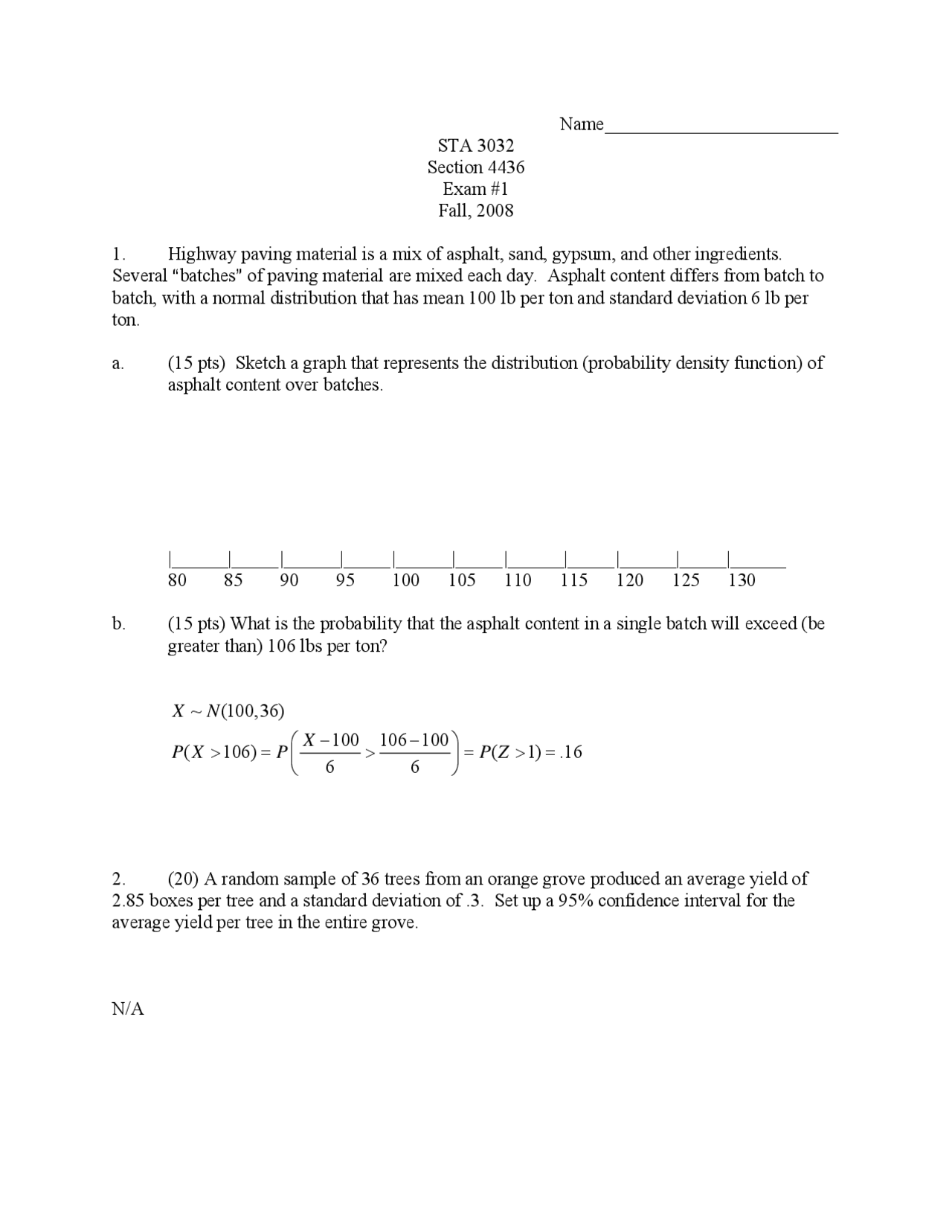 Exam I Solved For Engineering Statistics Sta 3032 Exams Statistics Docsity