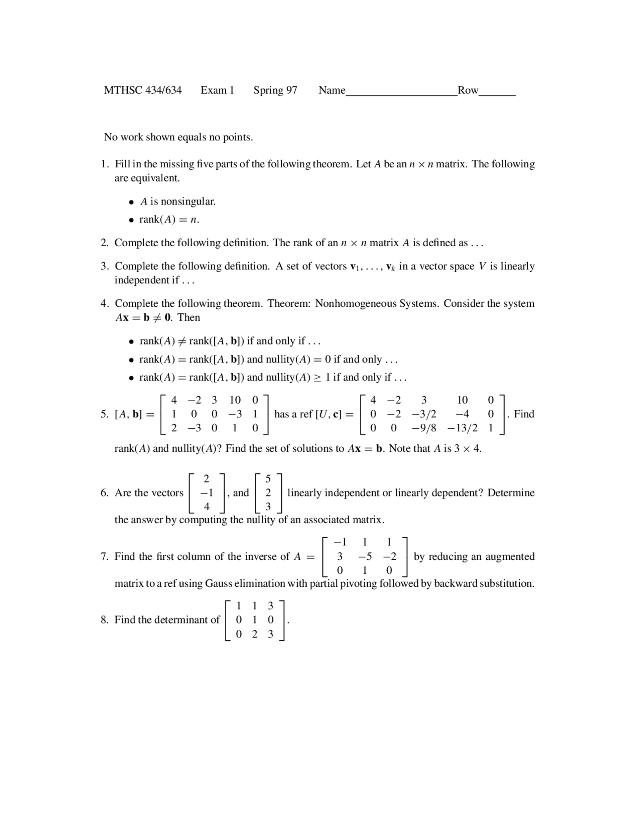 8 Questions On Advanced Engineering Mathematics Exam 1 Mthsc 434