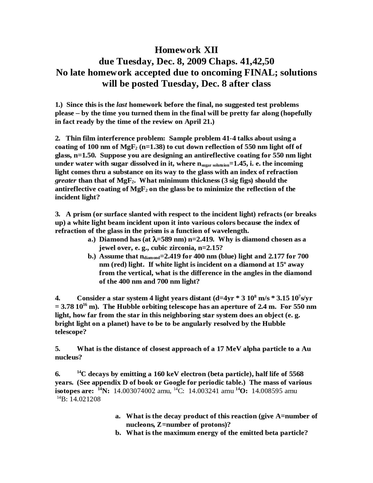 Homework 12 Problems for Enriched Physics Calculus II | PHY 2061 - Docsity