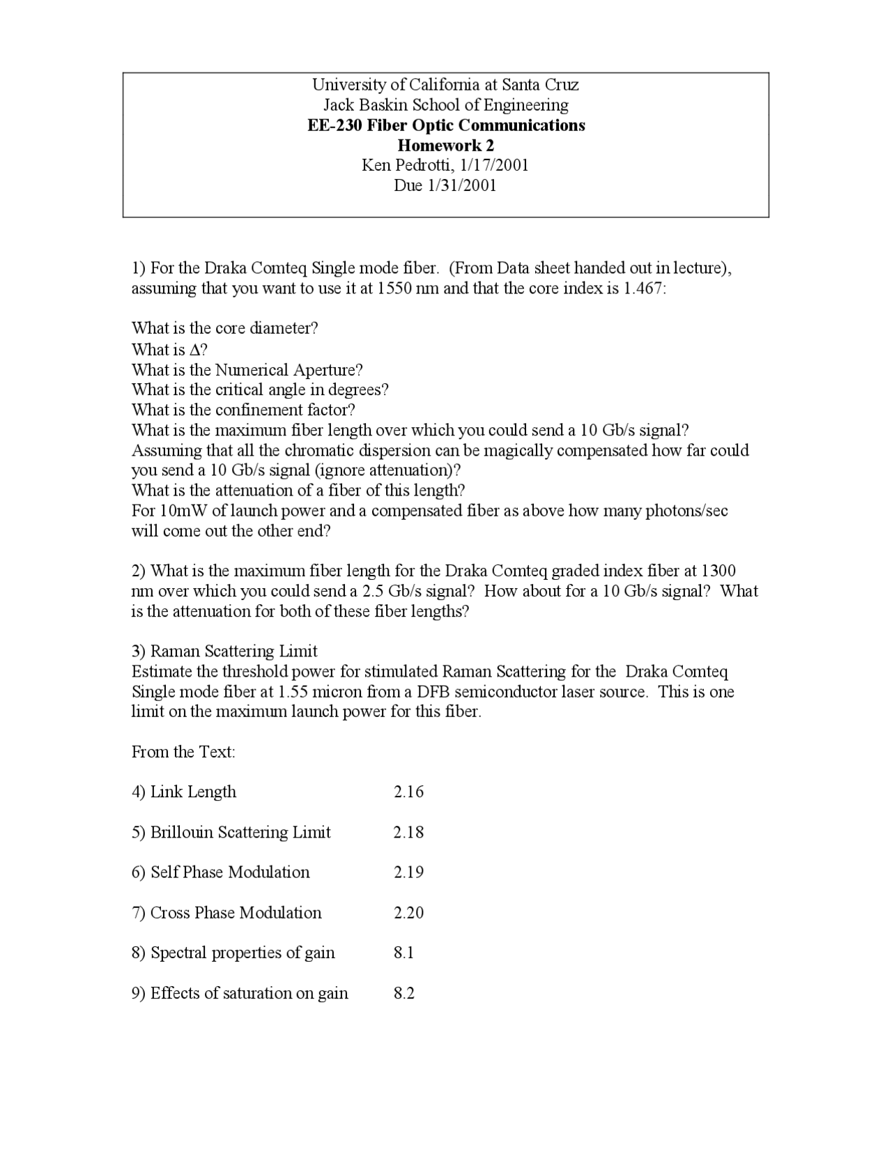 Optical Fiber Communication - Assignment 2 | EE 230 - Docsity