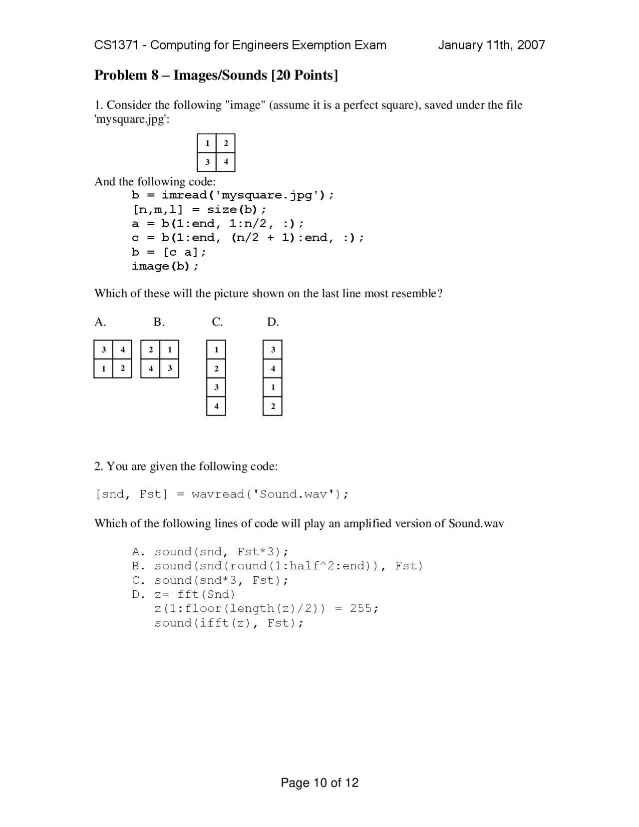 Solutions for Problem Set 8 - Image and Sound - Fall 2007 | CS 1371 - Docsity