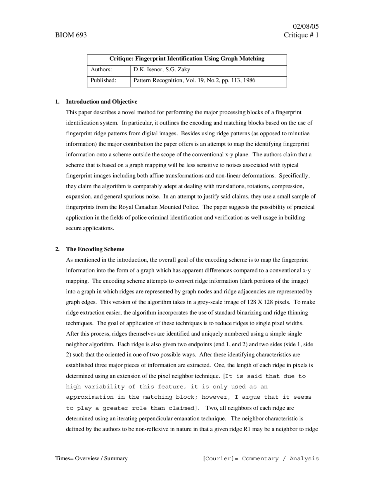 Fingerprint Identification Using Graph Matching - Advanced Biometrics | BIOM 693 - Docsity