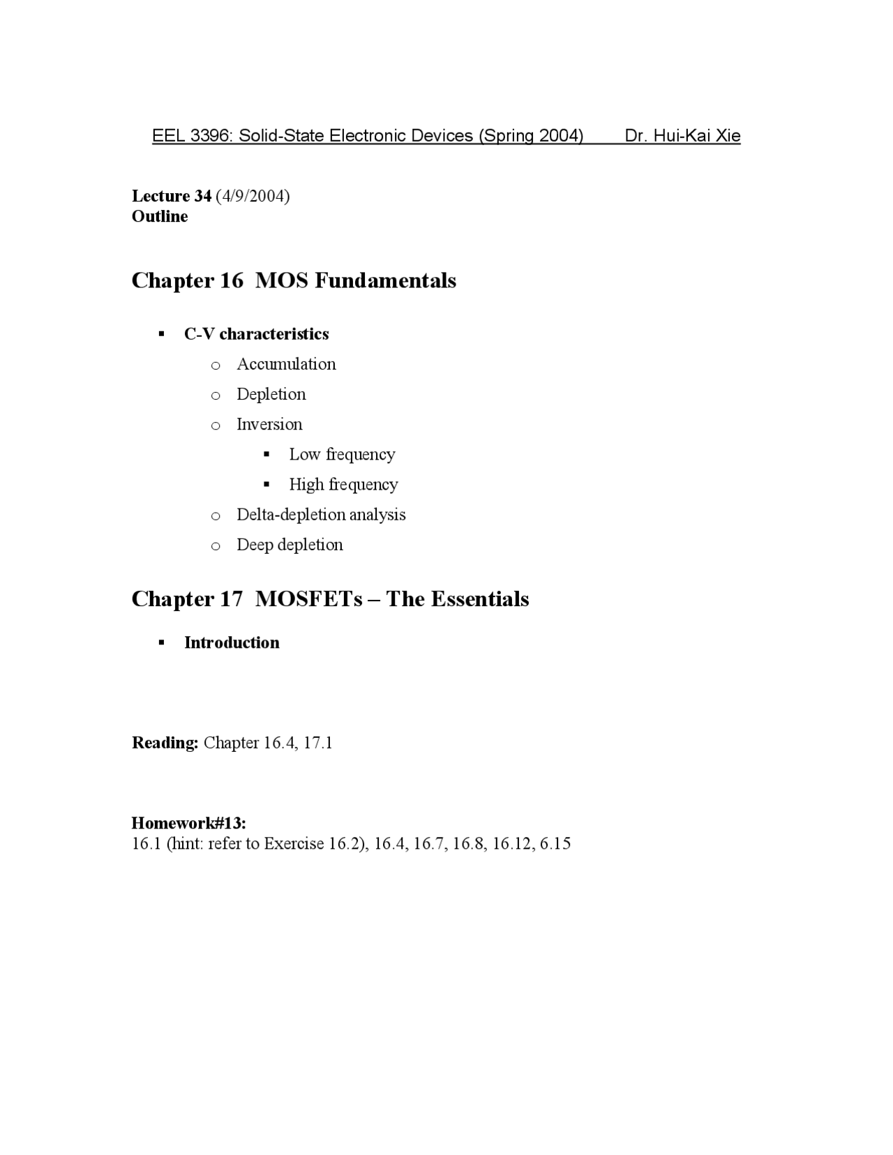 Lecture Outline For Solid State Electronic Devices Eel 3396 Docsity