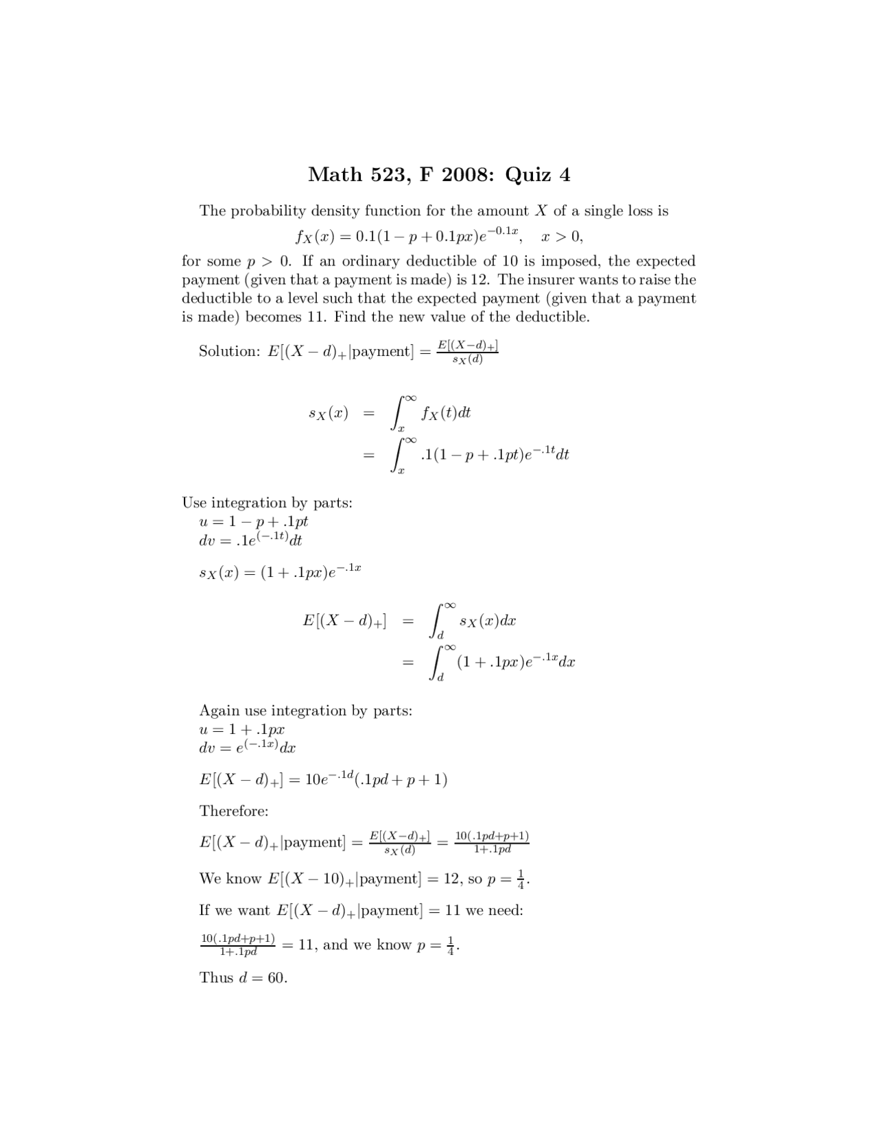 Quiz 4 Questions With Solution Risk Theory Math 523 Docsity