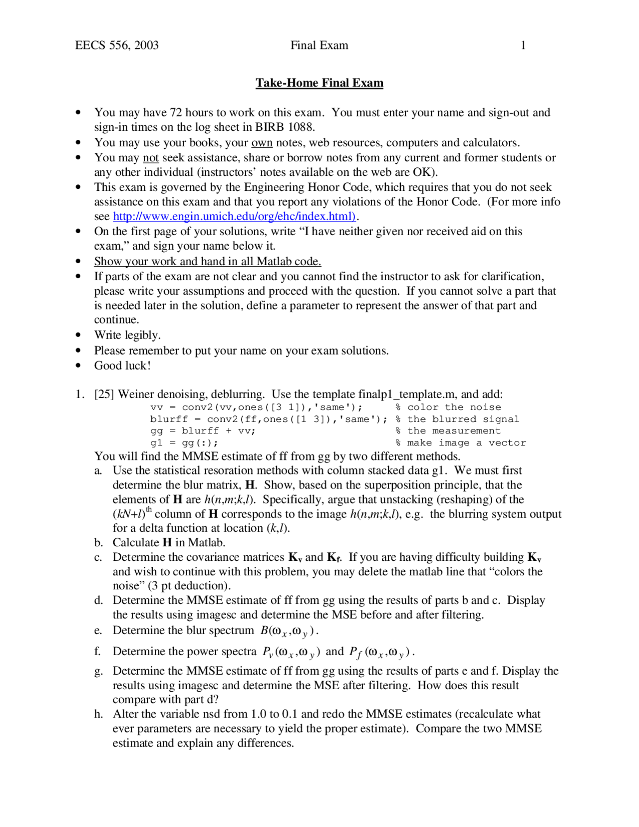4 Sample Problems On Image Processing Final Examination Eecs 556